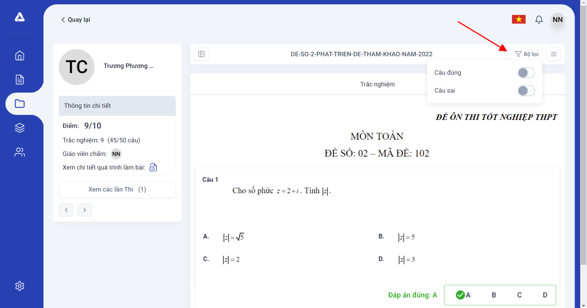 Lọc câu hỏi đúng/sai trong bài thi của học sinh - Hướng dẫn sử dụng Azota