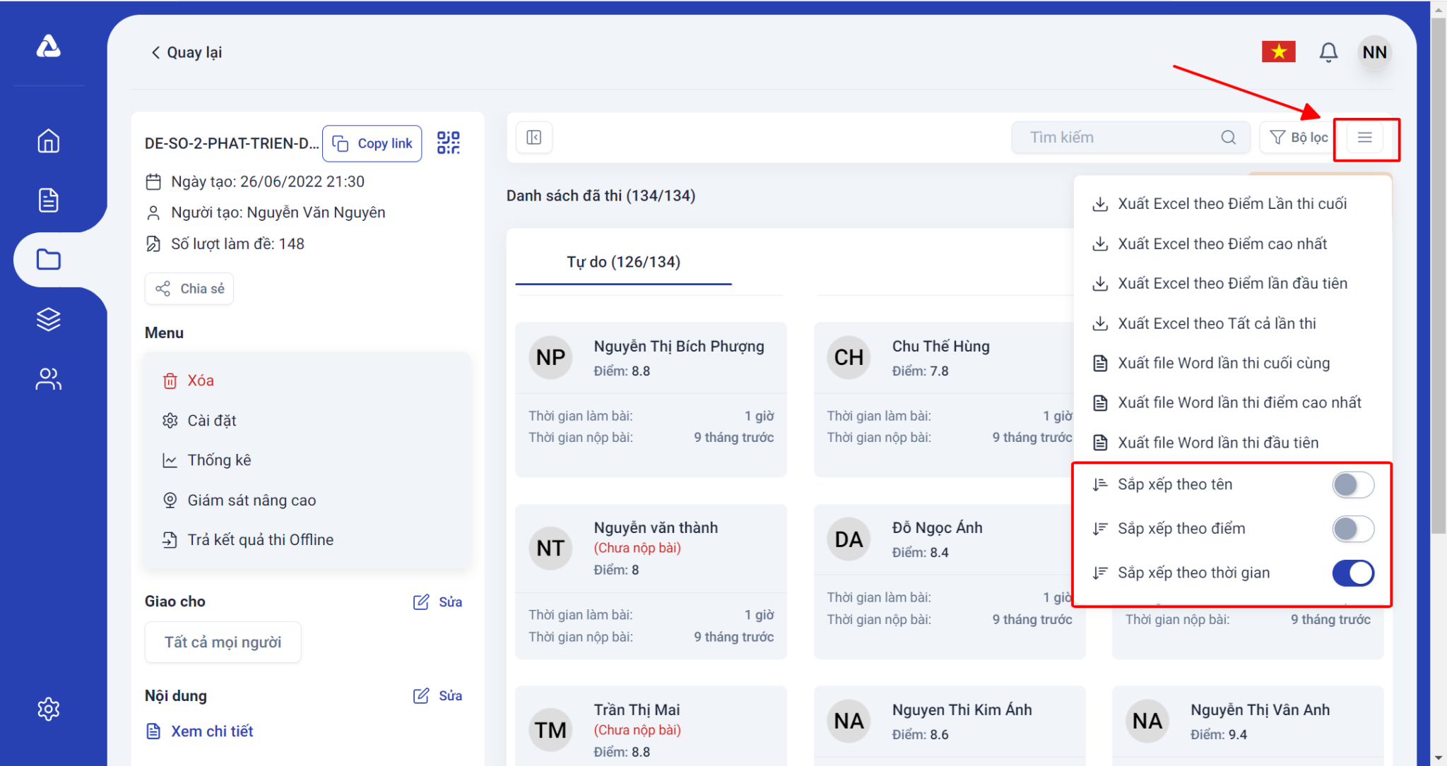 Sắp xếp danh sách thí sinh tham gia thi theo tên/ điểm/ thời gian ...